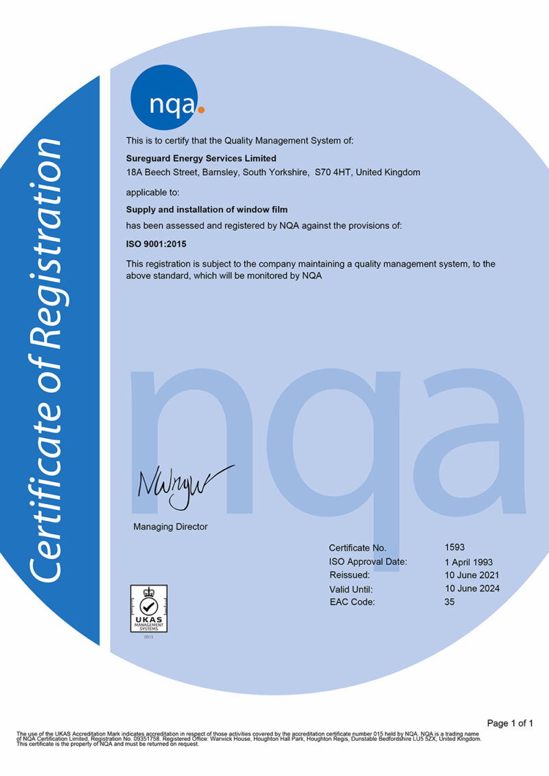 NQA ISO 9001:2015 certificate | Sureguard Window Films